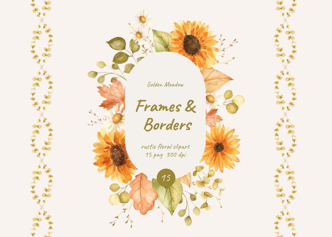 Autumn Frames and Borders Clipart Set: Watercolor Sunflowers and Meadow ...
