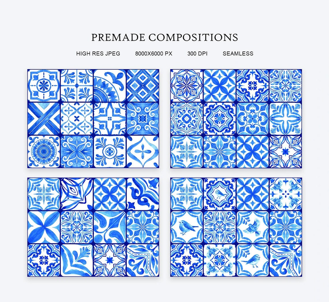 Azulejo Tile Watercolor Clipart Set Portuguese Blue Tile Clip Art ...