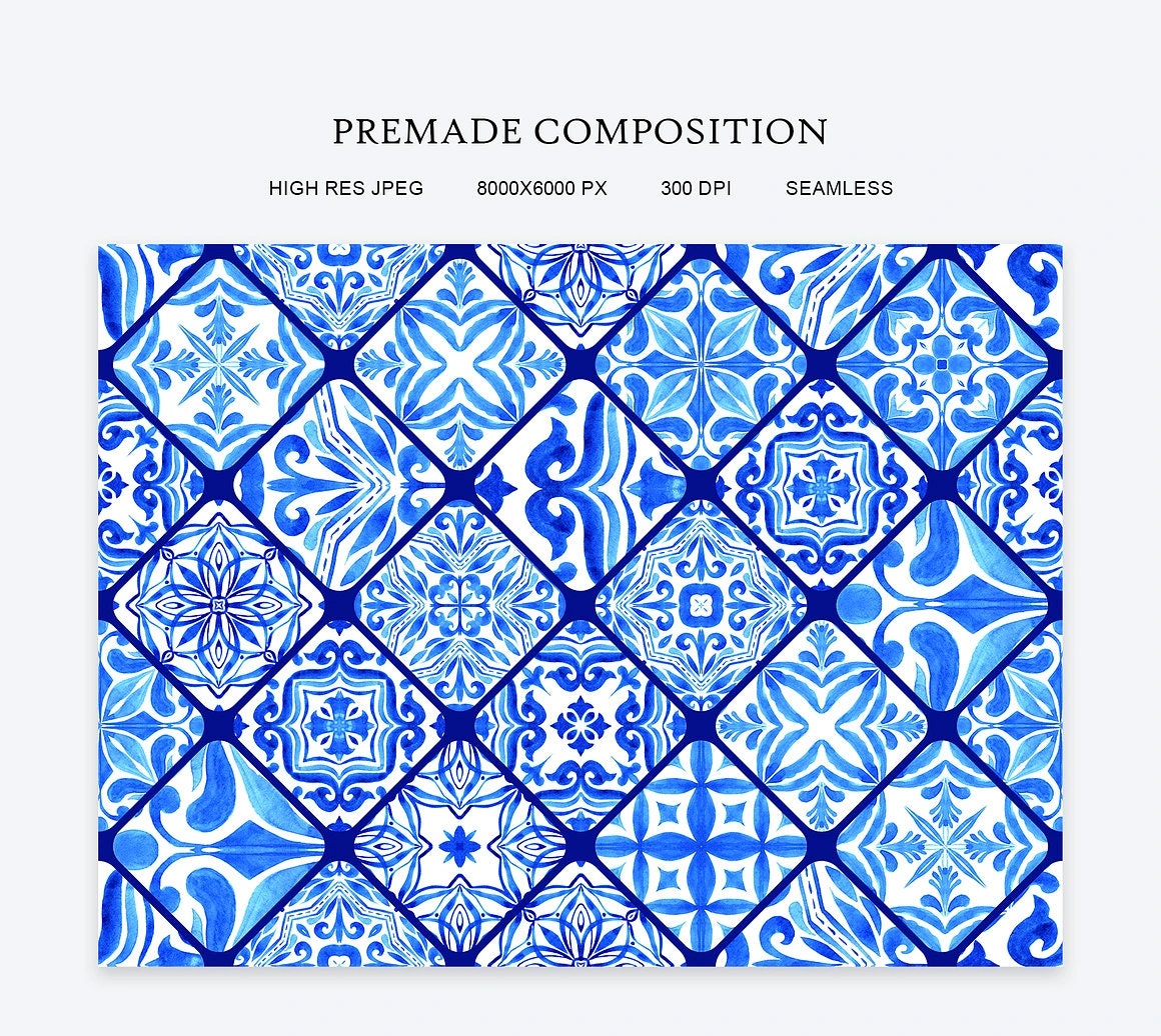 Azulejo Tile Watercolor Clipart Set Portuguese Blue Tile Clip Art ...