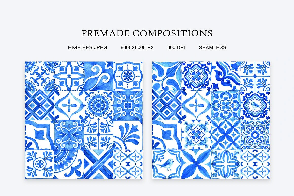 Azulejo Tile Watercolor Clipart Set Portuguese Blue Tile Clip Art ...