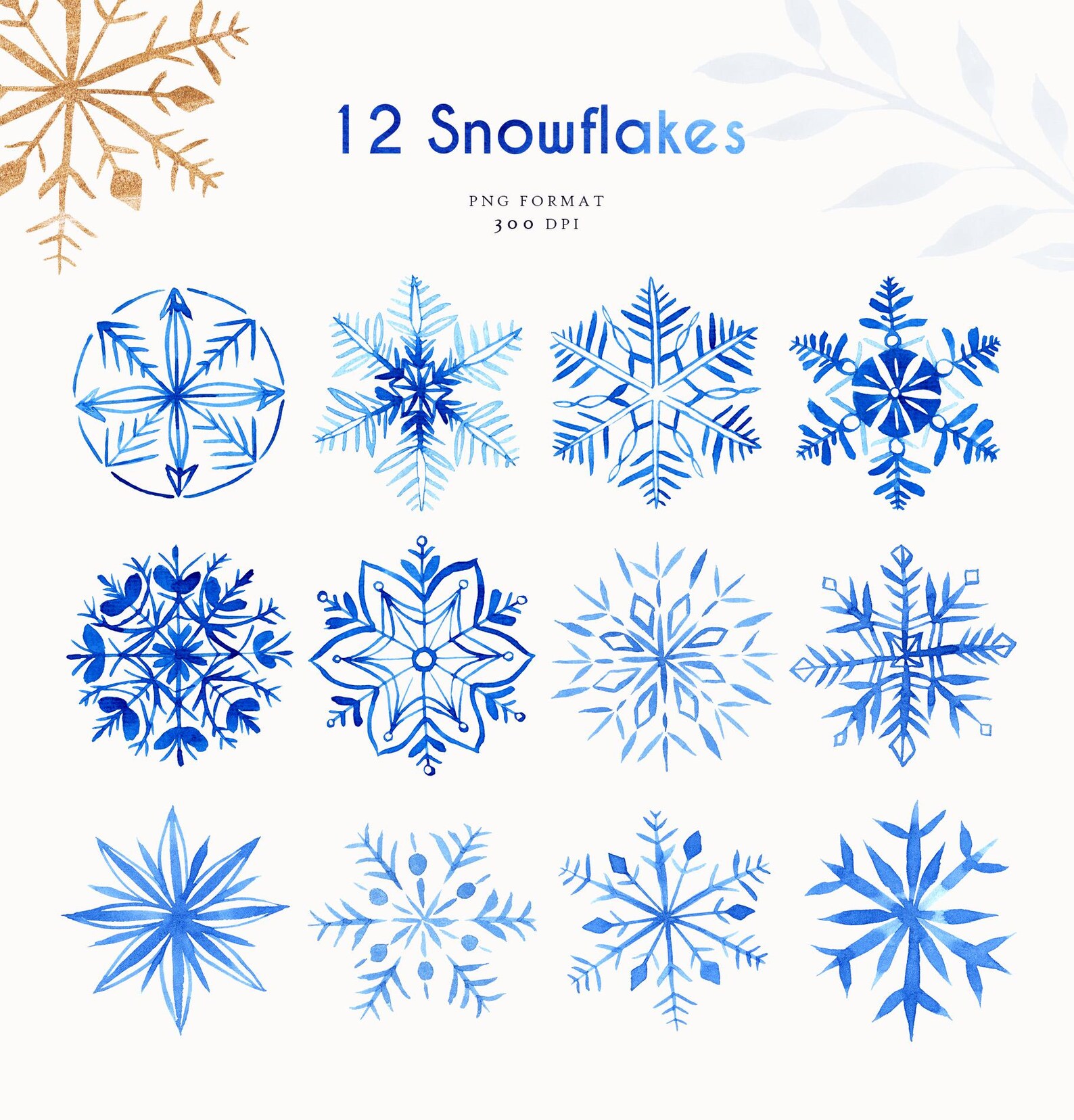 Snowflakes Clip Art - Winter Watercolor Clipart - Blue and Gold ...