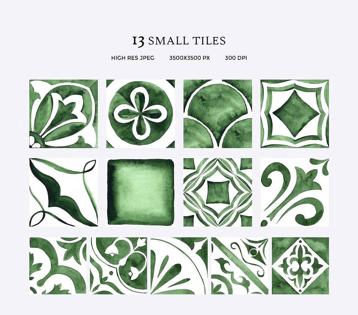 Watercolor Green Tile Clipart: Emerald Moroccan Patterns (JPG) - Etsy