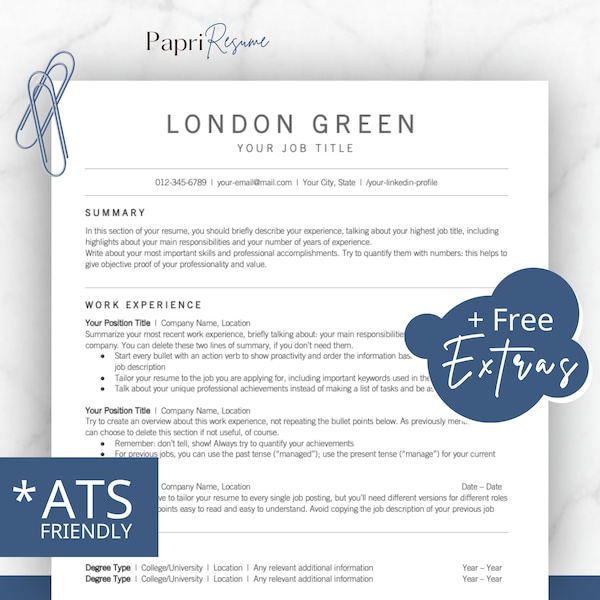 Simple ATS Friendly Resume Template for Word, Google Docs, Pages, Basic ...