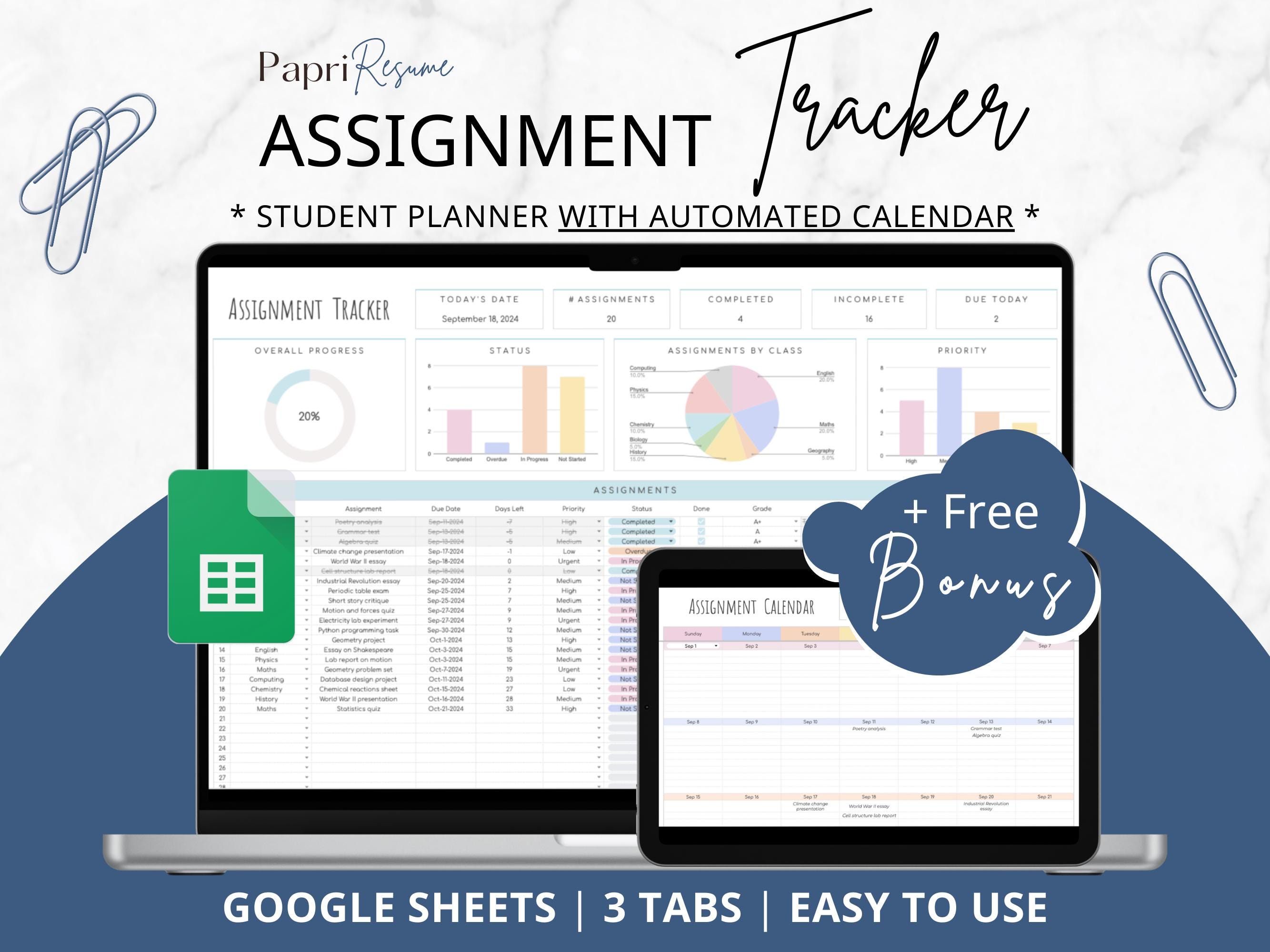 Assignment Tracker Template Google Sheets Template Homework Log Student ...