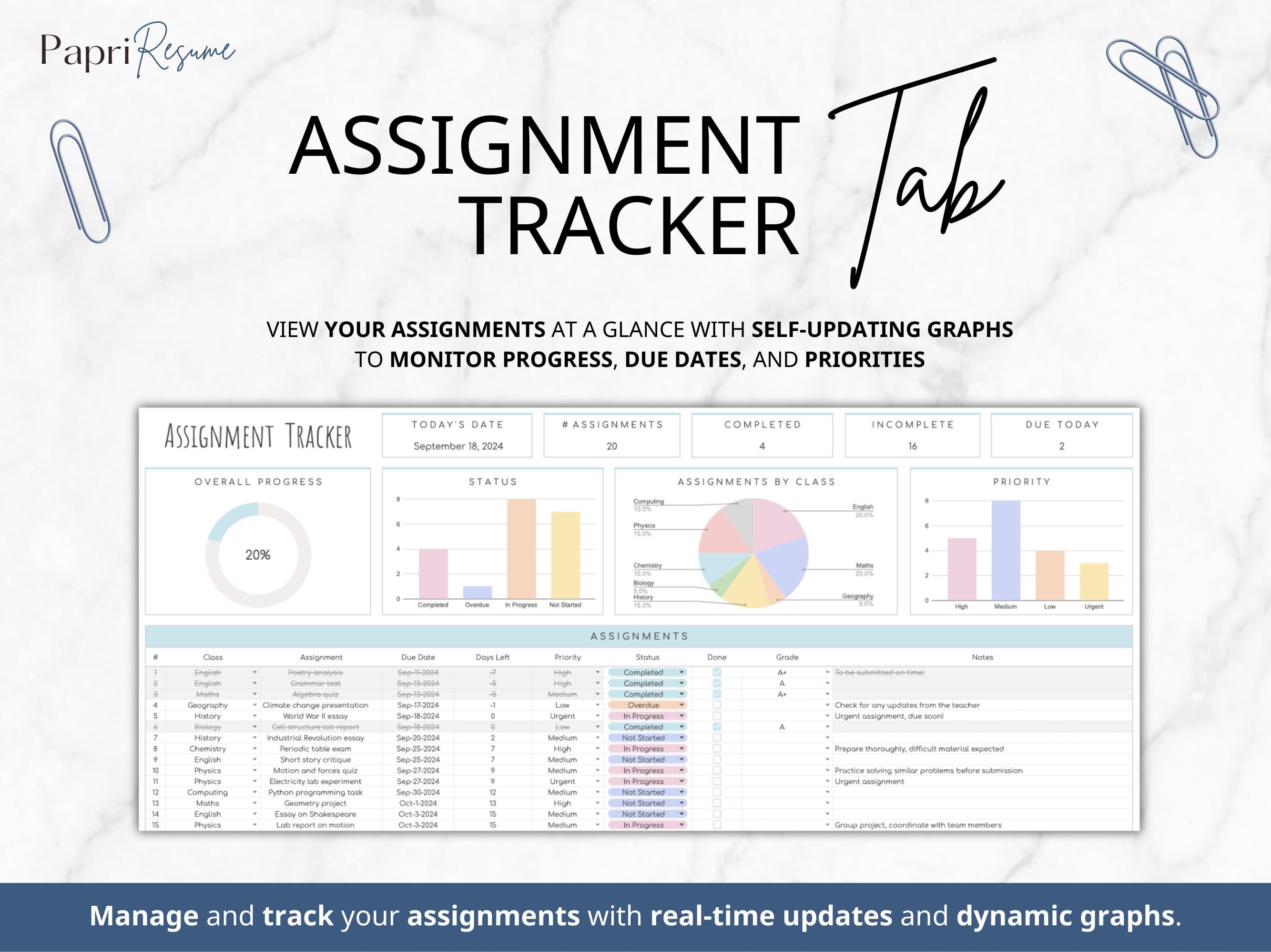 Assignment Tracker Template Google Sheets Template Homework Log Student ...