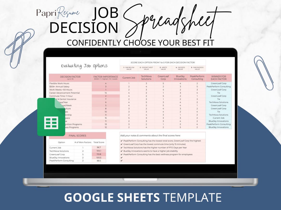Job Decision Matrix Spreadsheet, Decision Maker Template, Decision Tool ...