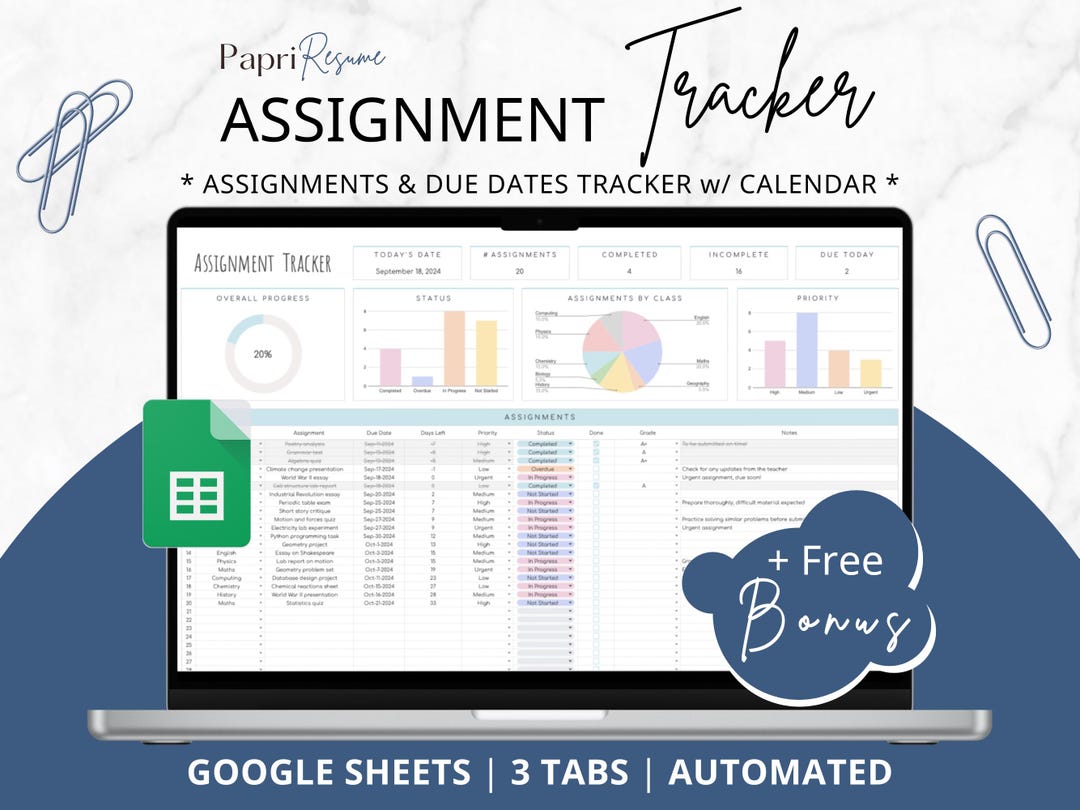 Assignment Tracker Student Homework Planner Google Sheets 2024-2025 ...