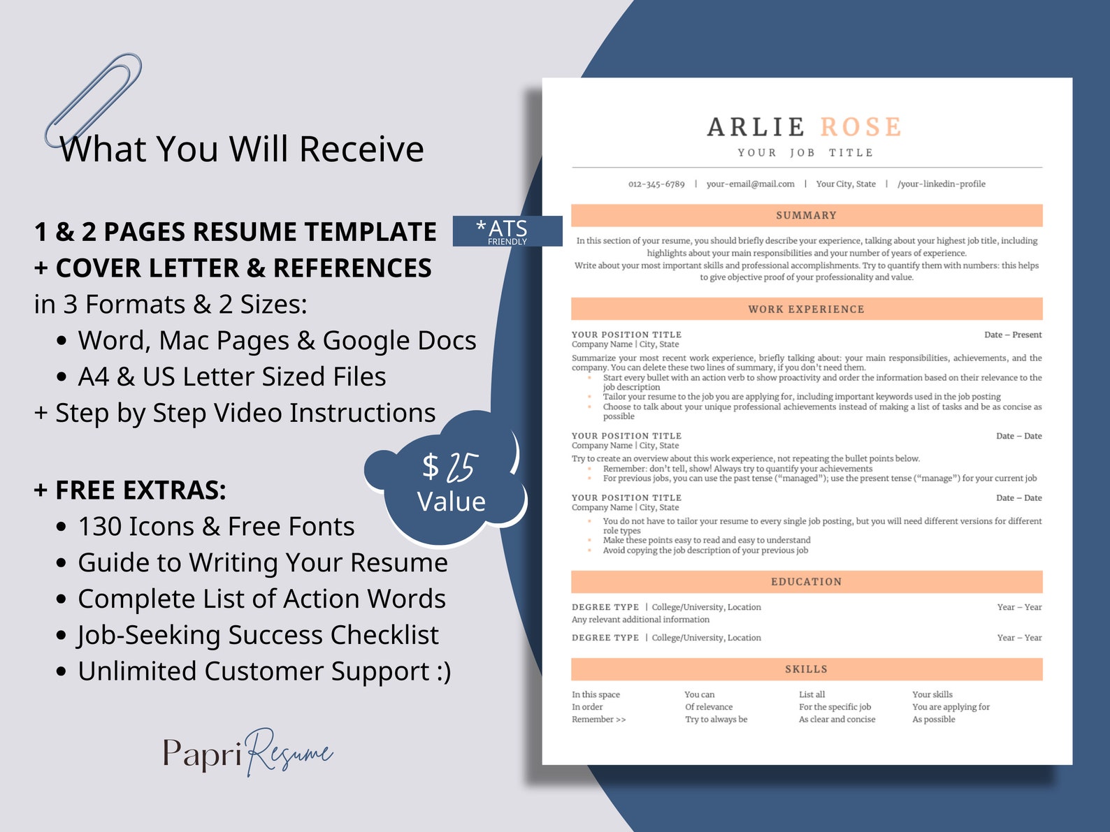 Simple ATS Friendly Resume Template for Word, Google Docs, Pages Basic ...