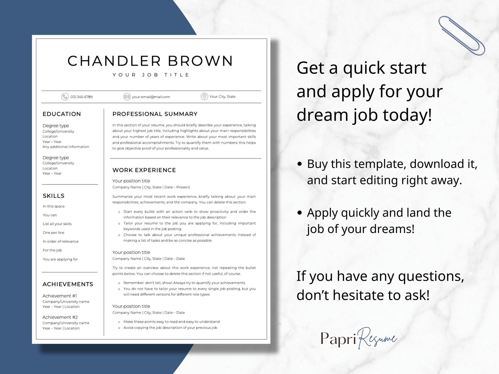 Professional Resume Template for MS Word, Mac Pages, Google Docs ...
