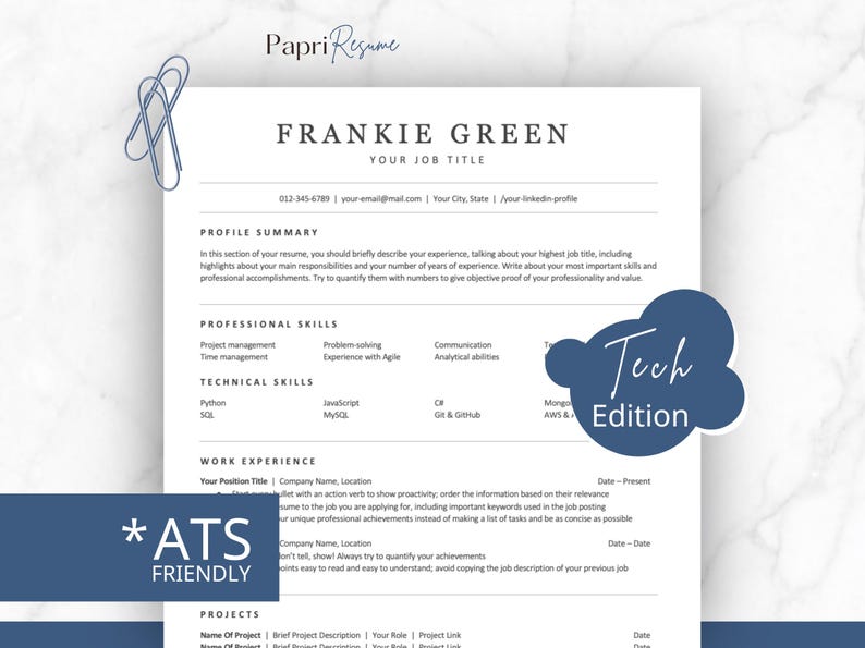 Resume for Developer, ATS Friendly Tech Resume Template Tech: IT ...