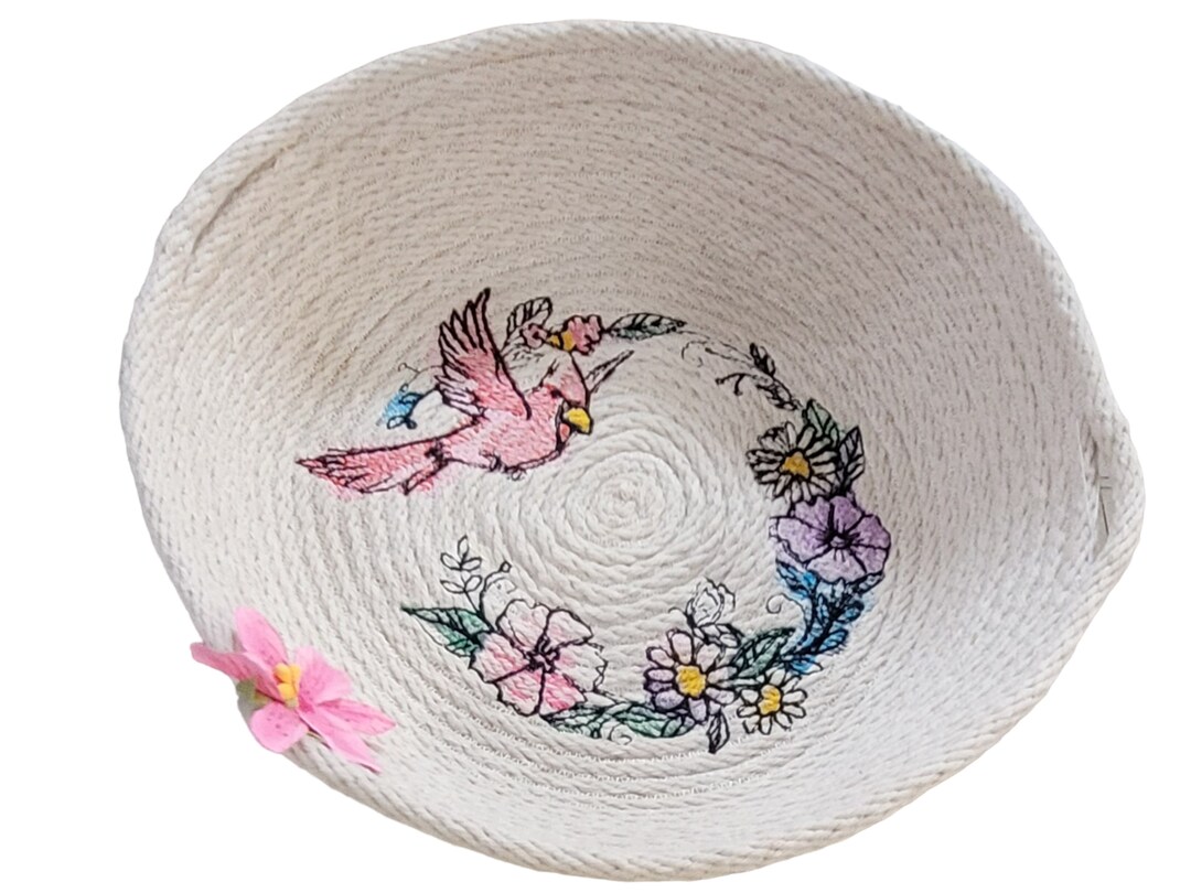Cardinal Embroidered Cotton Rope Basket Rope Bowl Handmade - Etsy