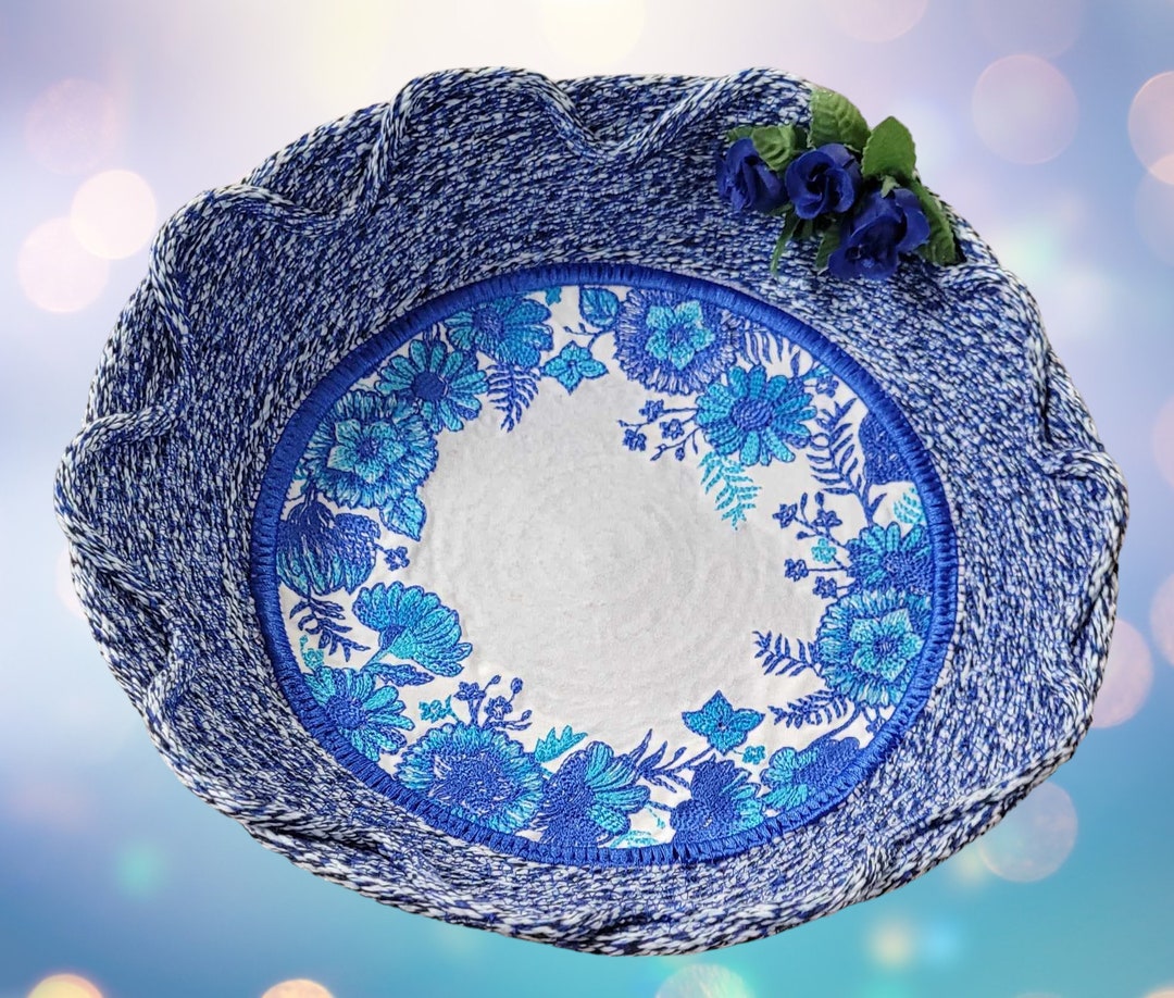 Delft Blue Flower Embroidered Rope Bowl Decor - Etsy