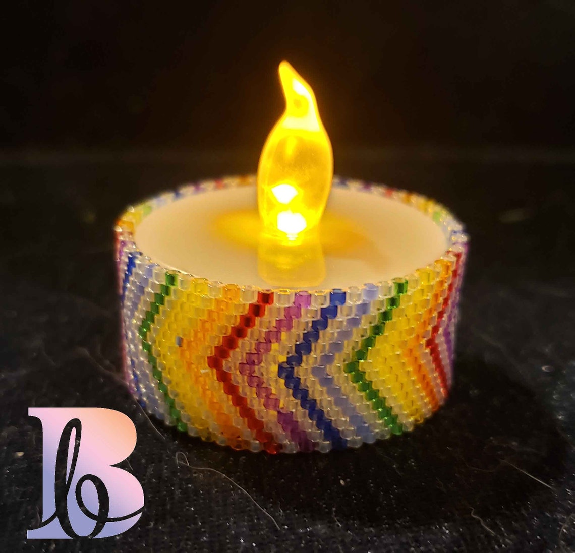 Rainbow 7-color ROYGBIV and White Chevron Tea Light Peyote Wrap or ...