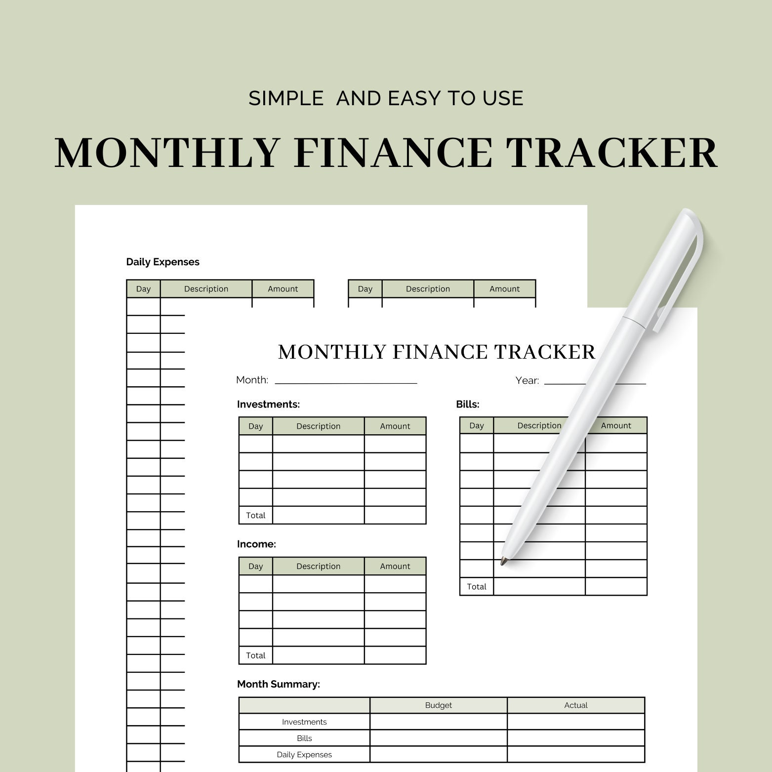Monthly Finance Tracker Green Template Printable, Monthly Expense Log ...