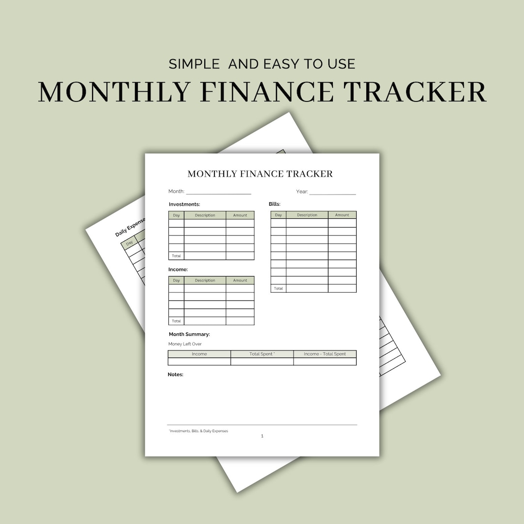Monthly Finance Tracker Green Template Printable, Monthly Expense Log ...
