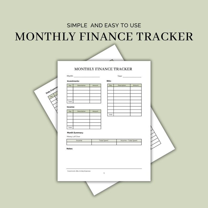 Monthly Finance Tracker Green Template Printable, Monthly Expense Log ...