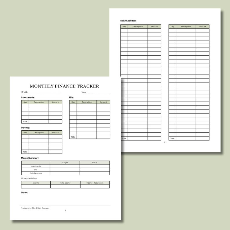 Monthly Finance Tracker Green Template Printable, Monthly Expense Log ...