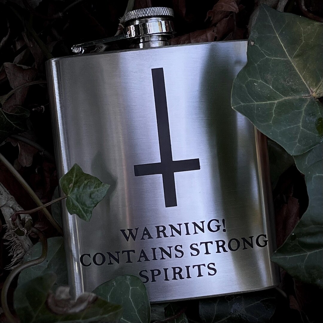 Gothic Hip Flask | "warning! Contains Strong Spirits" | Upside-down ...