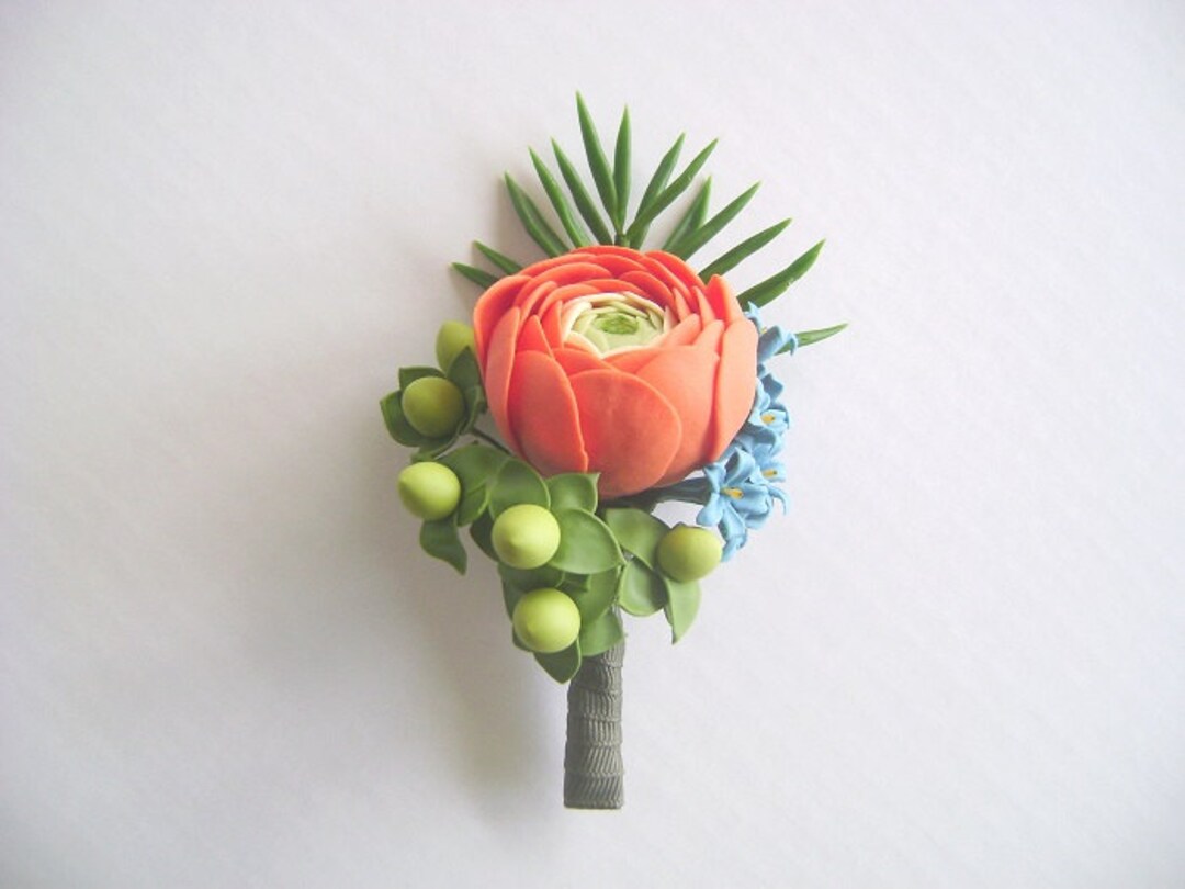 Orange Ranunculus Wedding Boutonniere. Wedding Groomsman/bestman Flower ...