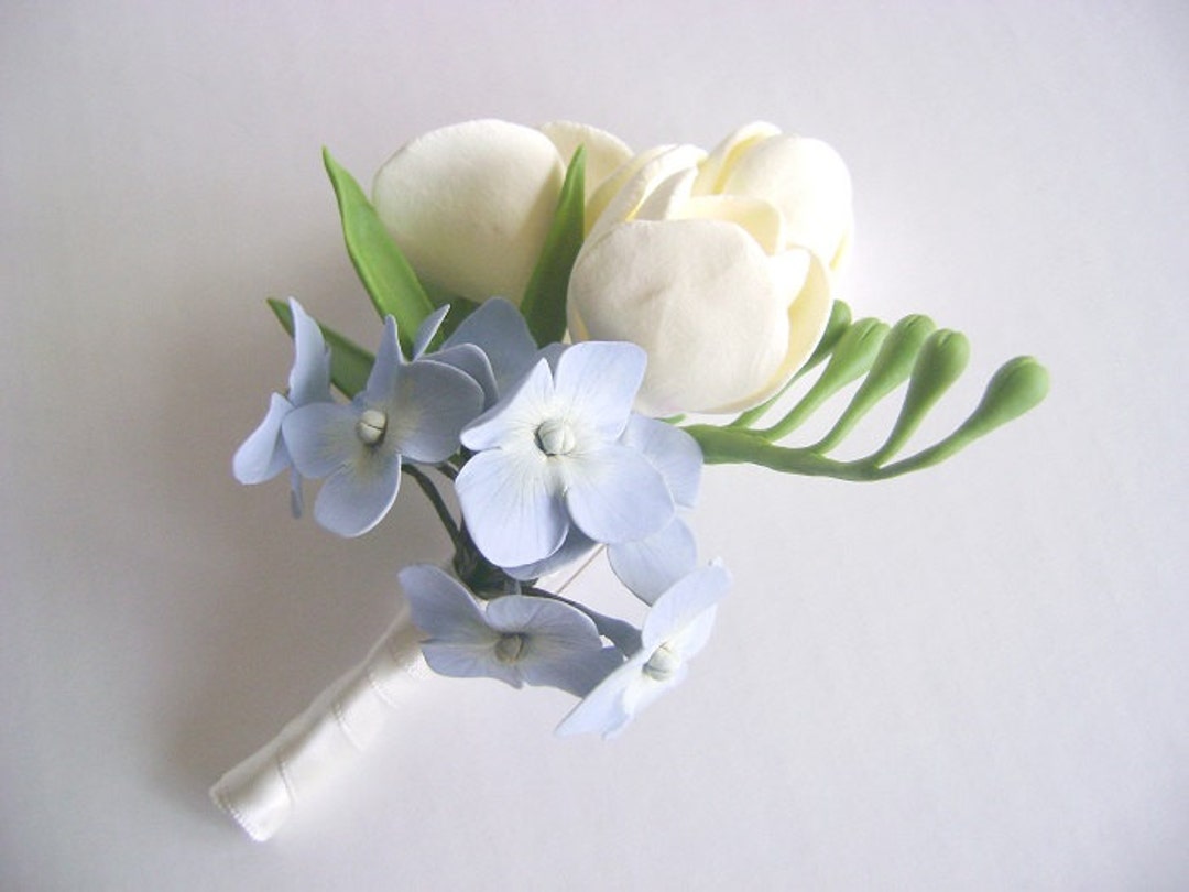 Ivory Freesia and Blue Hydrangea Wedding Boutonniere. Wedding Groomsman ...
