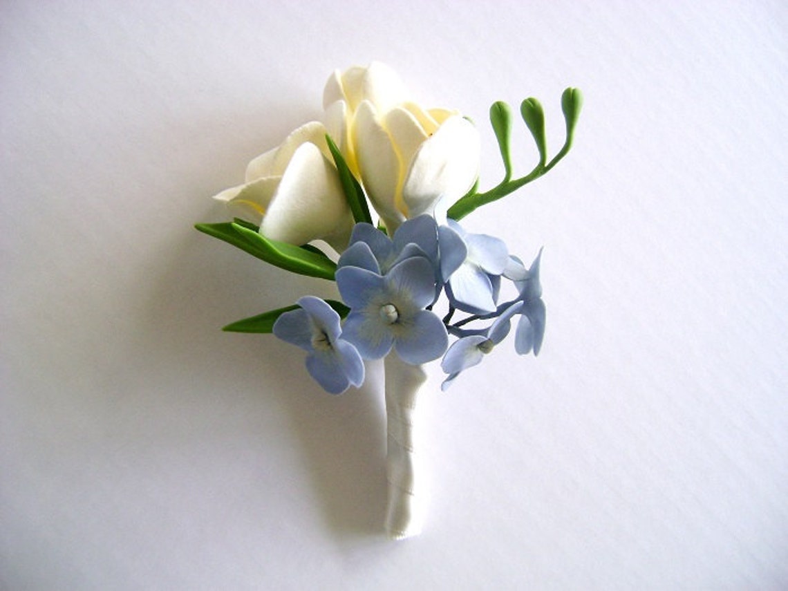 Ivory Freesia and Blue Hydrangea Wedding Boutonniere. Wedding | Etsy