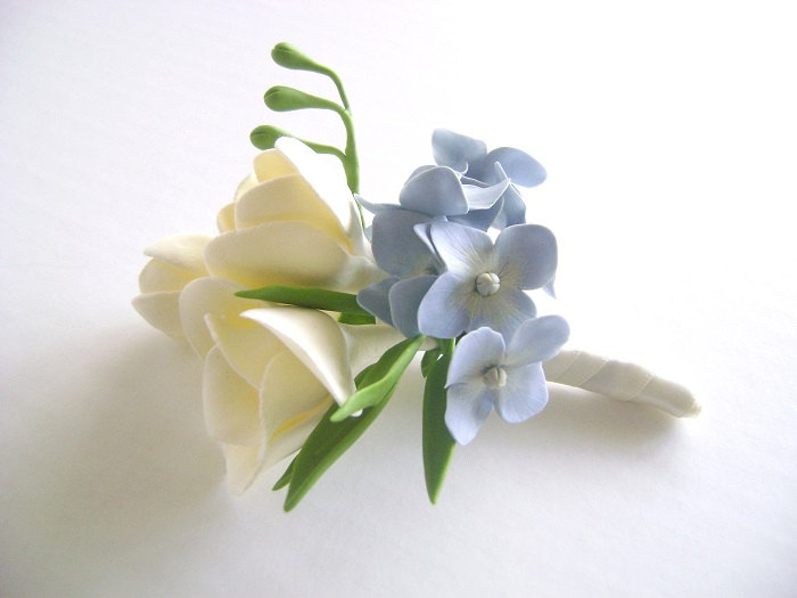 Ivory Freesia and Blue Hydrangea Wedding Boutonniere. Wedding - Etsy