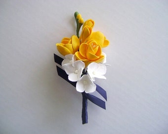 Ivory Freesia and Blue Hydrangea Wedding Boutonniere. Wedding Groomsman ...