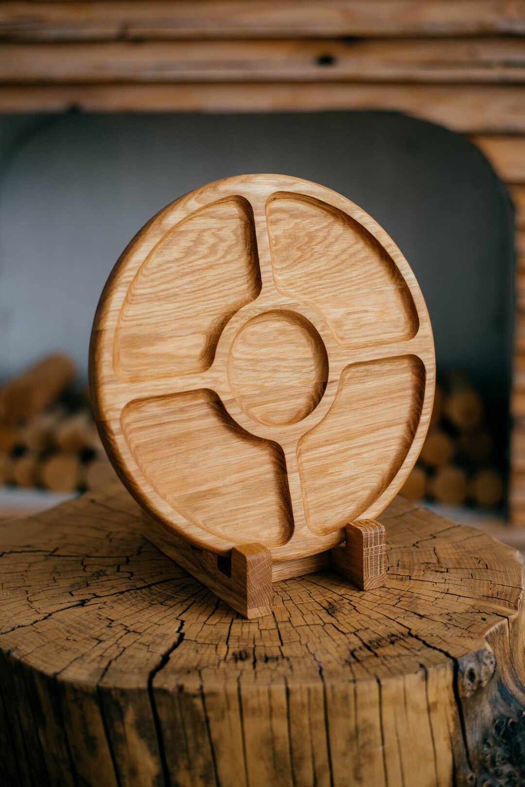 Wooden Large Round Plate, Segmented Portion Control Plate, Wood Dish ...