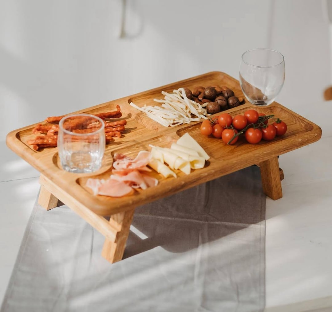 Oak Wooden Snack Tray With Foldable Legs | Handcrafted Charcuterie ...