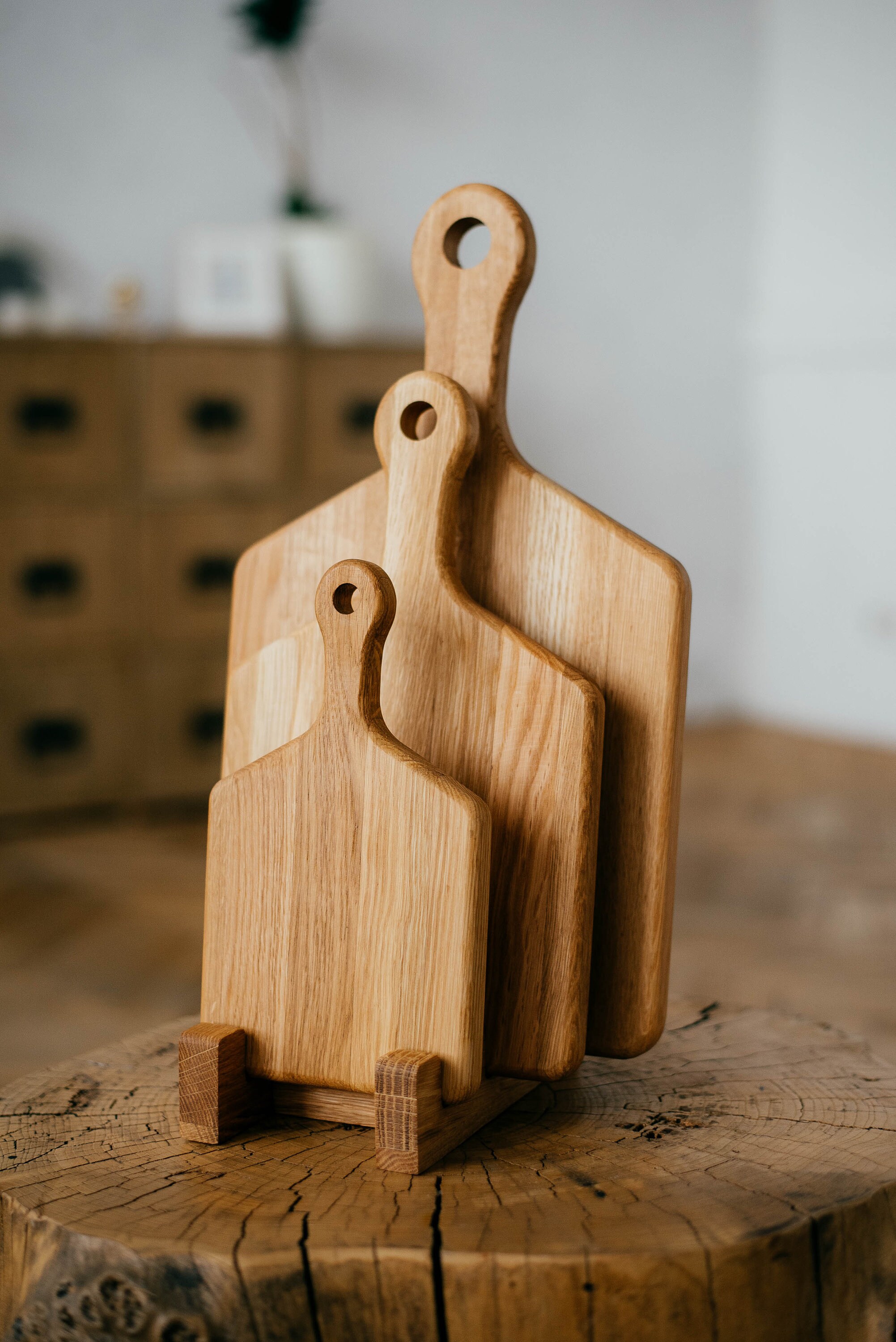 Set of 3 Wooden Cutting Board With Handle, Oak Cutting and Serving ...