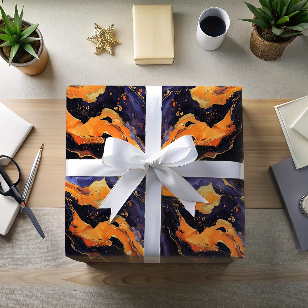 Marbled Gift Wrap: Orange, Blue & Gold Swirl Design - Etsy