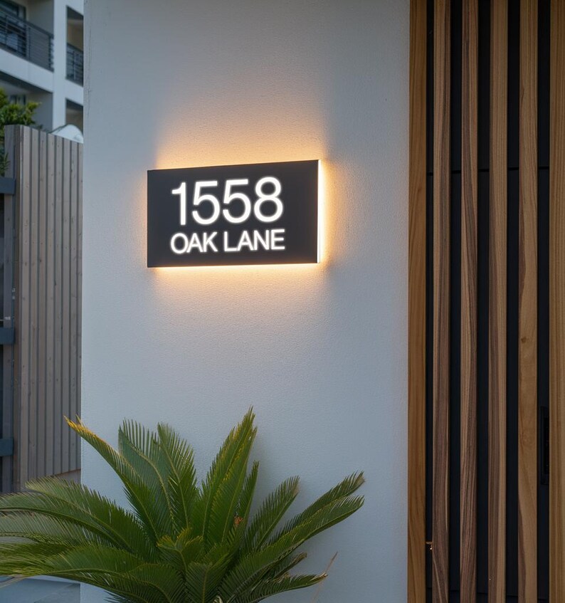 Stainless Steel House Number Sign With LED Light, Illuminated Outdoor ...