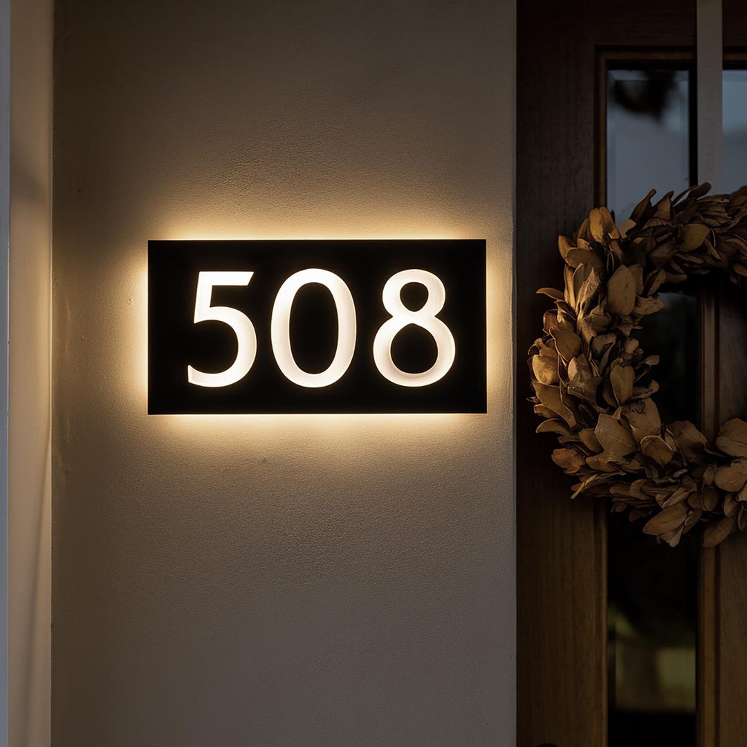 Illuminated Personalized Plaque, Modern Stainless Steel Number Sign ...