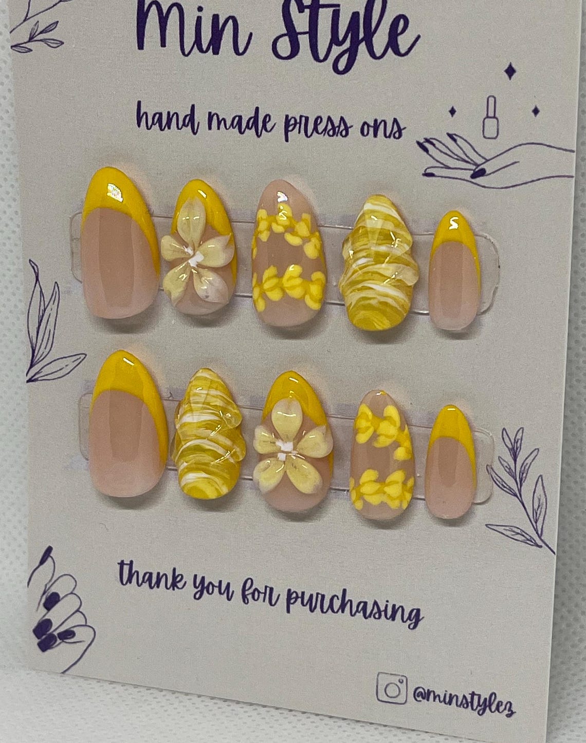 Hand-painted Free Style Nails | Short Almond Tips | Yellow French Tips ...