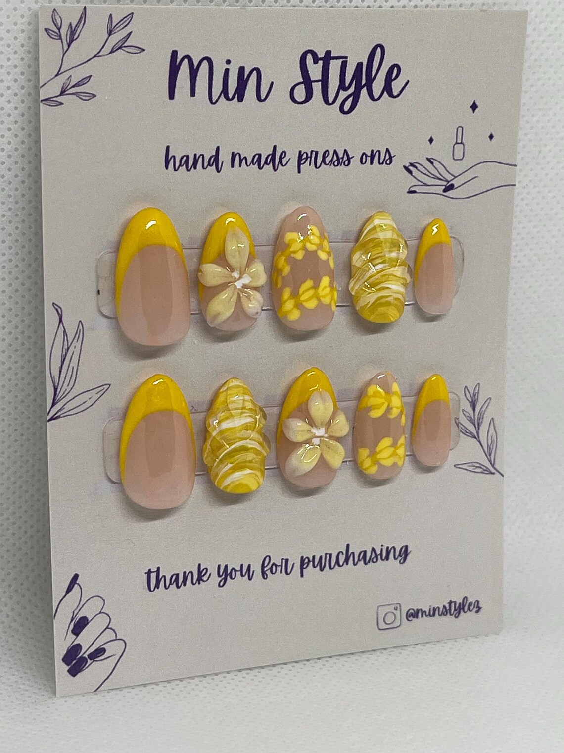 Hand-painted Free Style Nails | Short Almond Tips | Yellow French Tips ...