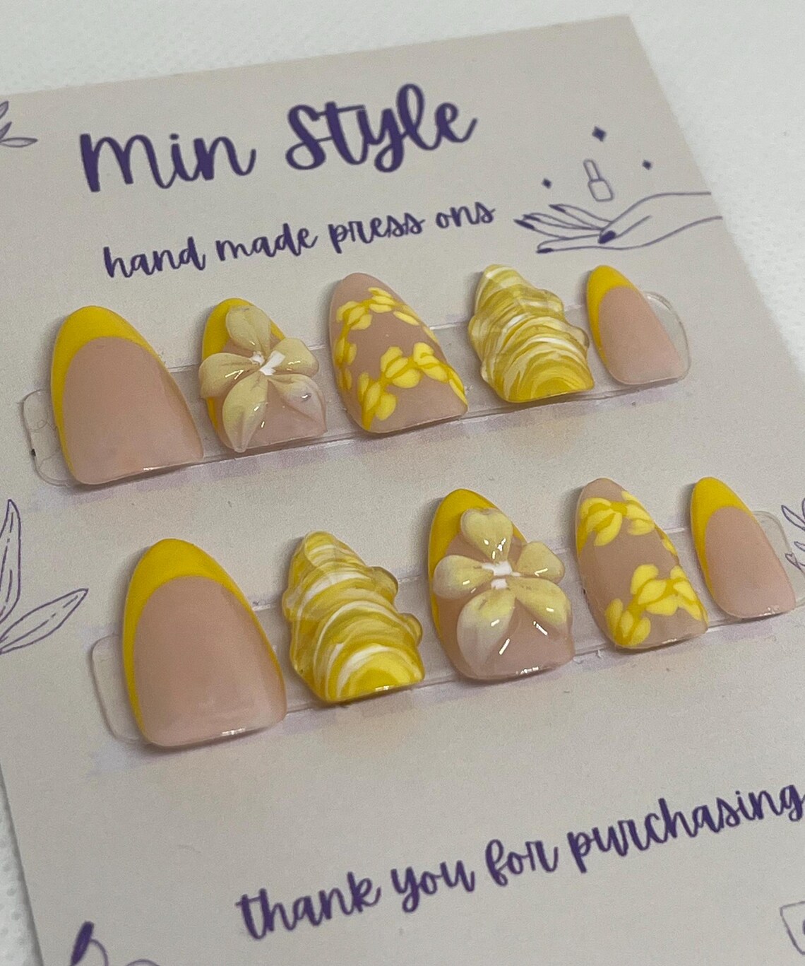 Hand-painted Free Style Nails | Short Almond Tips | Yellow French Tips ...