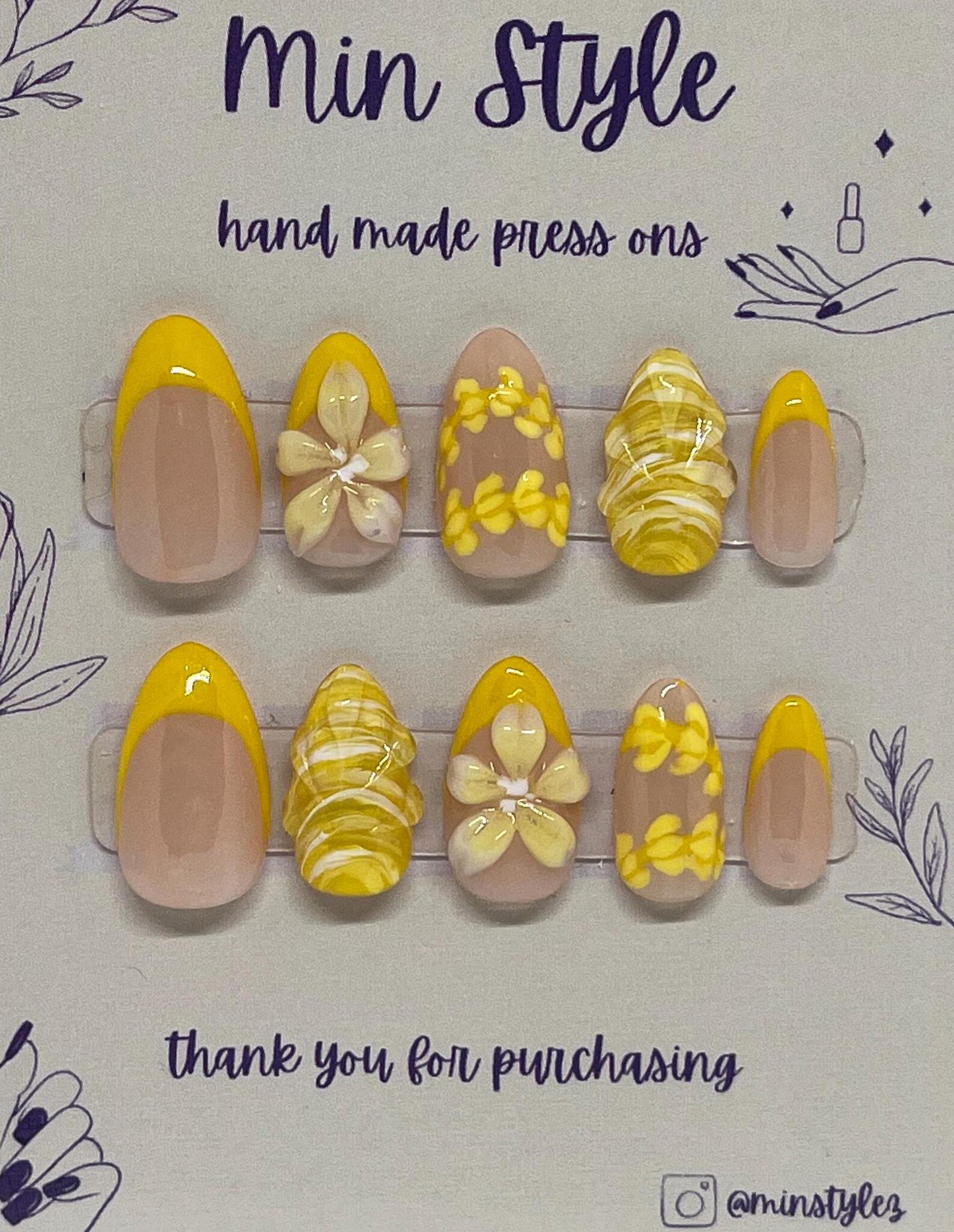 Hand-painted Free Style Nails | Short Almond Tips | Yellow French Tips ...