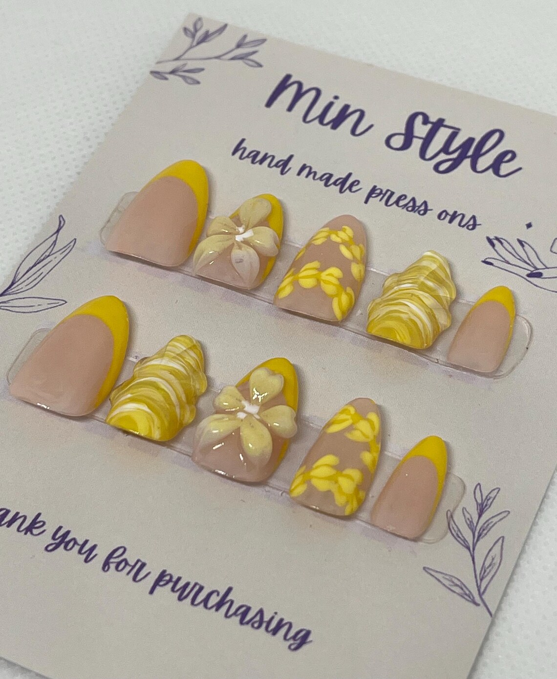 Hand-painted Free Style Nails | Short Almond Tips | Yellow French Tips ...