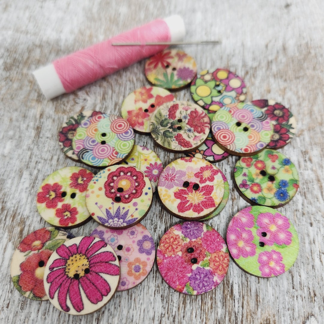 Floral Retro Boho Style Buttons, Mandala Design, Wooden Buttons ...