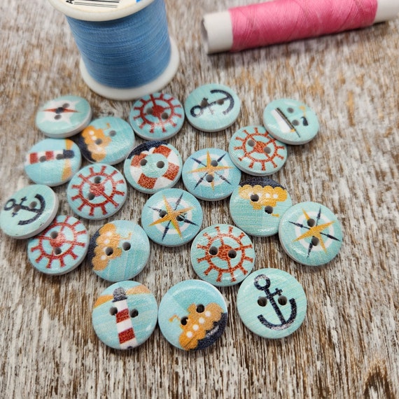 Nautical Themed Wood Buttons Novelty Buttons Cute Childrens Buttons Decorative and Mixed Round 15mm 5 8 2 Holes Set of 10 or 20 Etsy