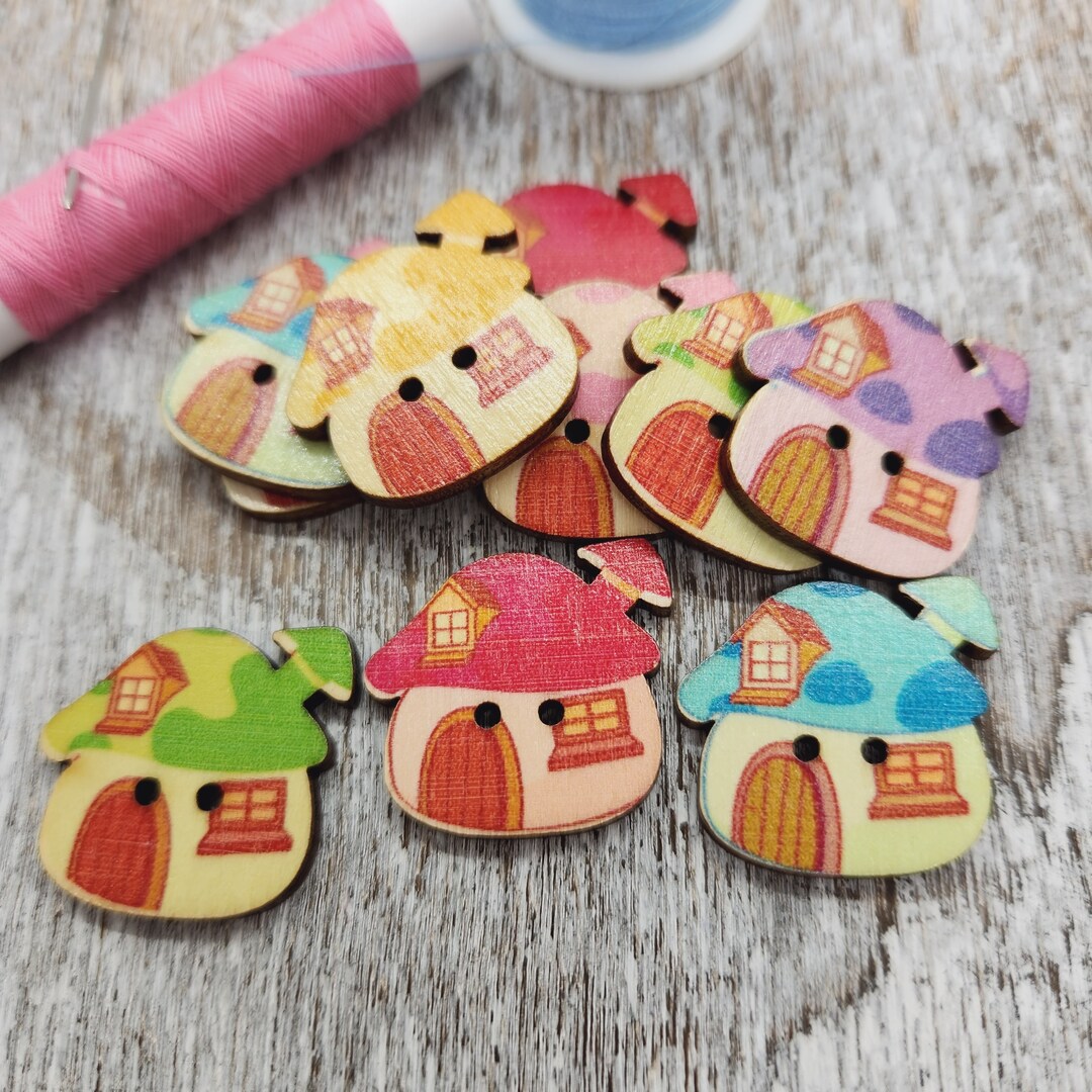 Whimsical Novelty Buttons, Cute Wood Buttons, Fairy Houses, Painted ...