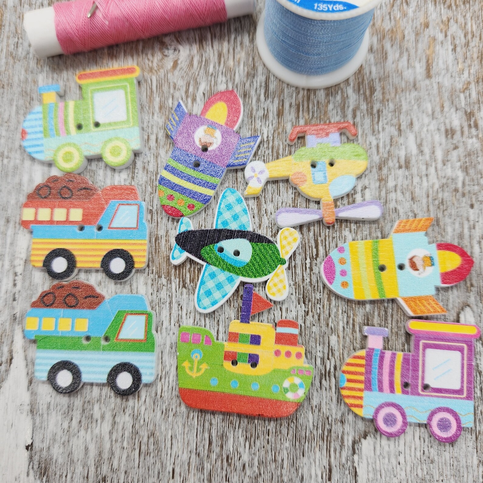 Transportation Themed Buttons, Airplanes, Trains, Trucks Boat Wood ...