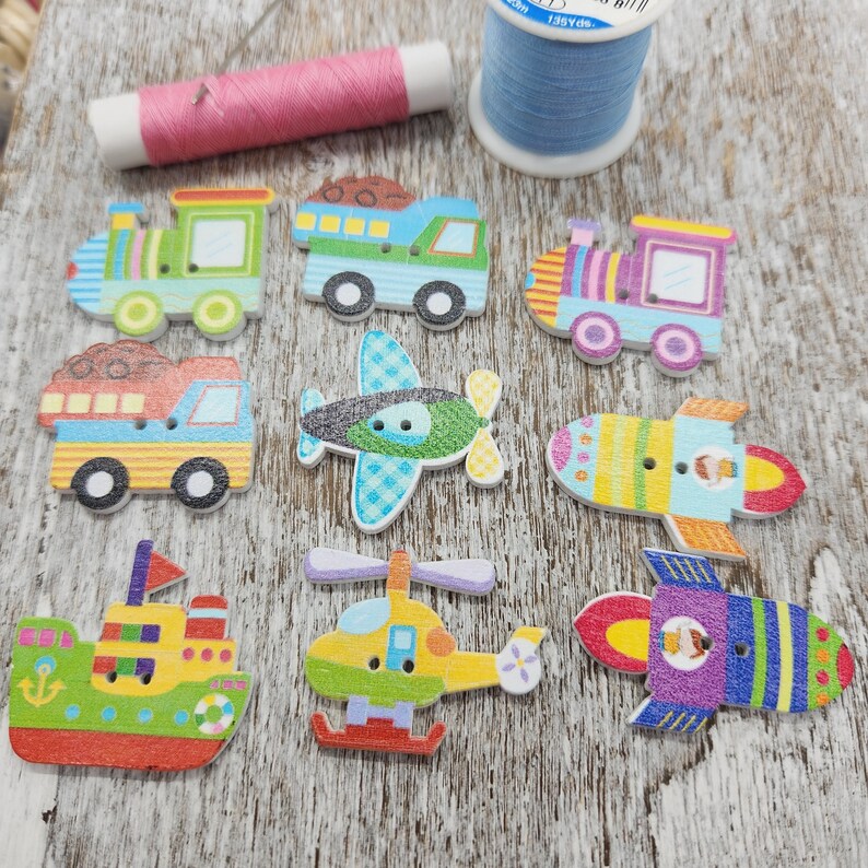 Transportation Themed Buttons, Airplanes, Trains, Trucks Boat Wood ...