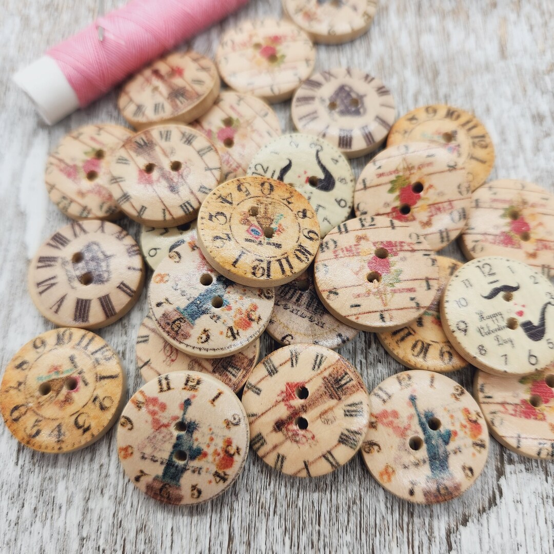 Antique Clock Buttons, Clock Pattern Buttons, Decorative Wooden Buttons ...