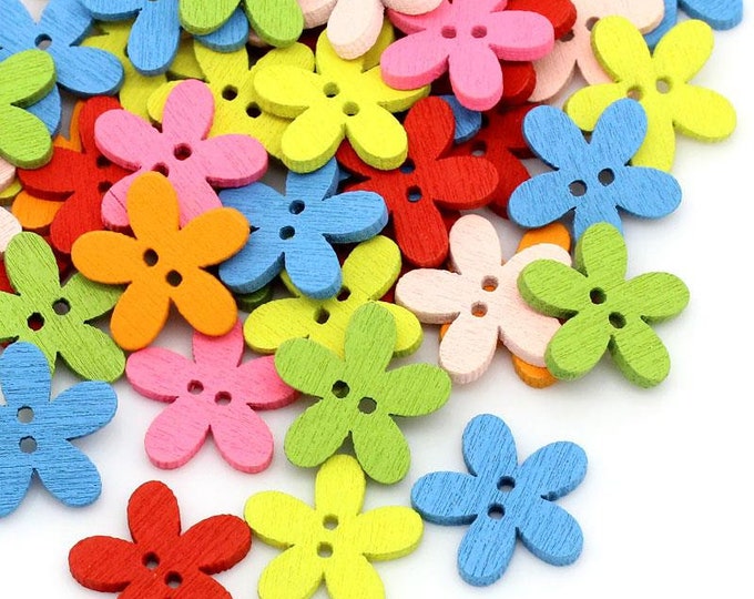 Mixed Color Flower Buttons, Flower Shaped Wood Buttons, Cute Child ...