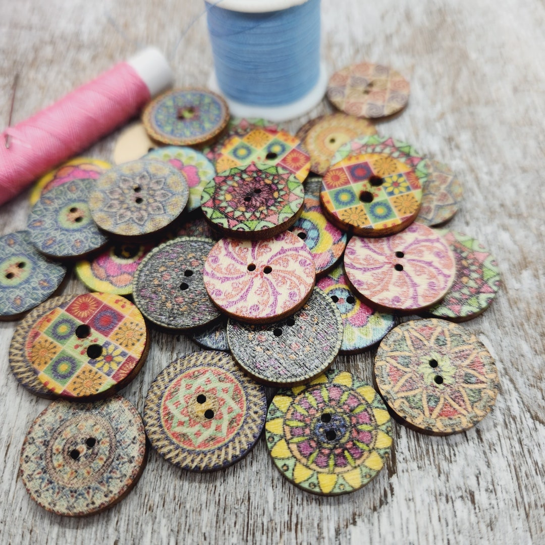 Retro Wood Buttons for Sewing, Mandala Design, Decorative Wooden ...