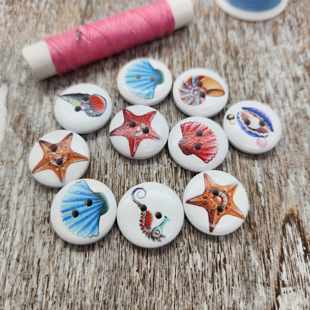 Seashell Wooden Buttons, Shabby Chic Sea Themed, Novelty Wood Buttons ...