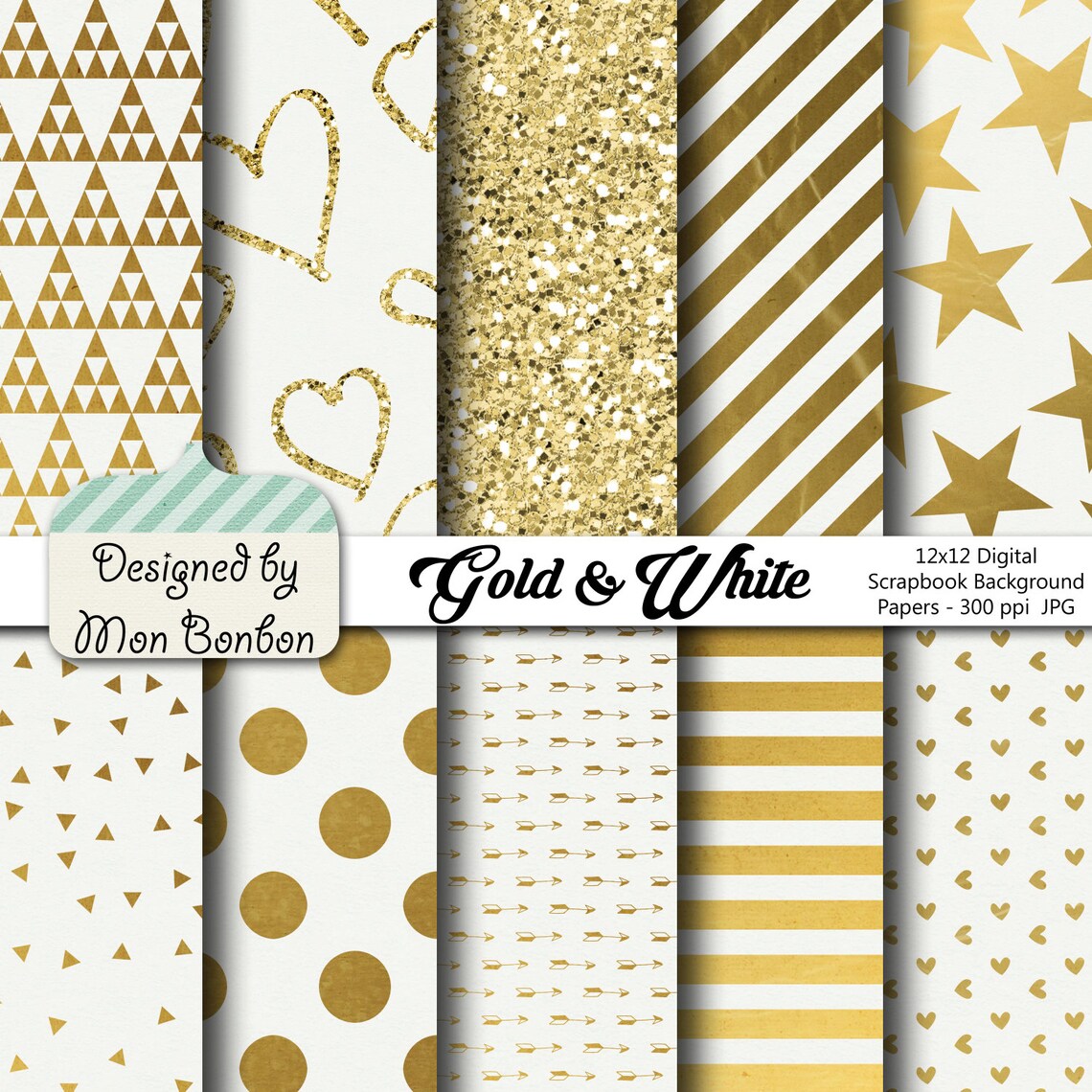 White & Gold Digital Paper Pack 12x12 mint Cream Gold | Etsy