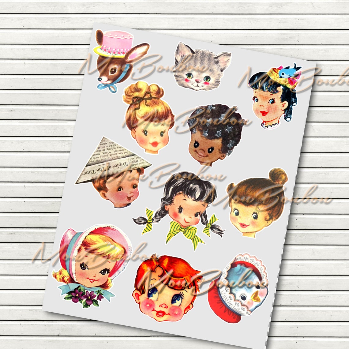 Cute Vintage Kids Faces Clipart Fussycut Cute Retro Animal | Etsy