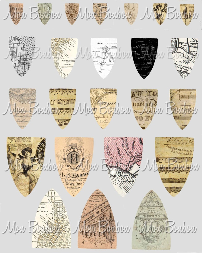 Shield Bezel Digital Collage Sheet of Maps, Music Sheets, Vintage Photo ...